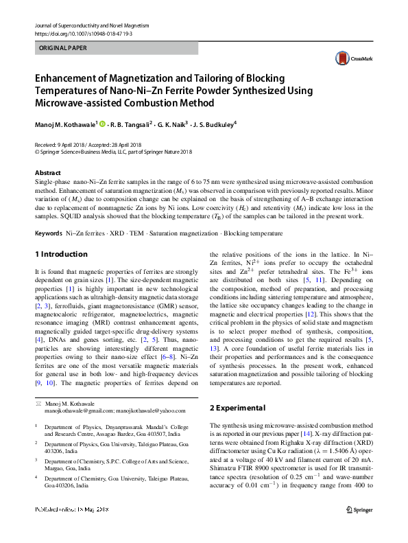 (PDF) Enhancement of Magnetization and Tailoring of Blocking Temperatures of Nano-Ni–Zn Ferrite ...