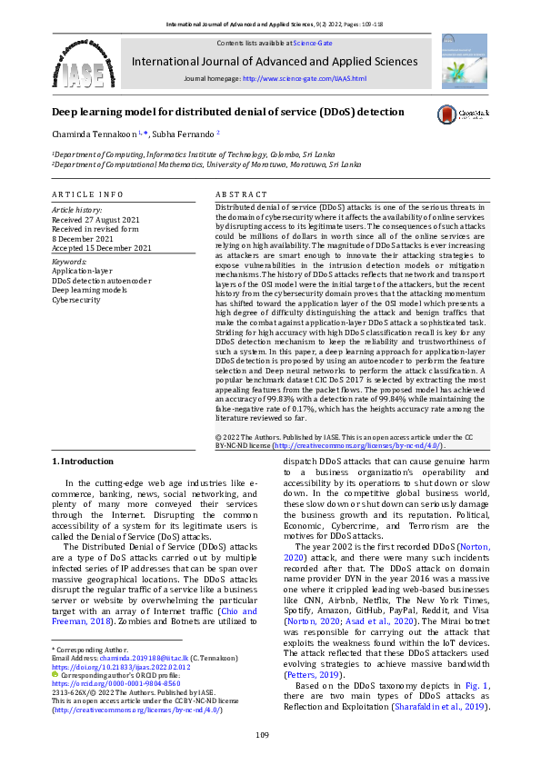 (PDF) Deep learning model for distributed denial of service (DDoS) detection