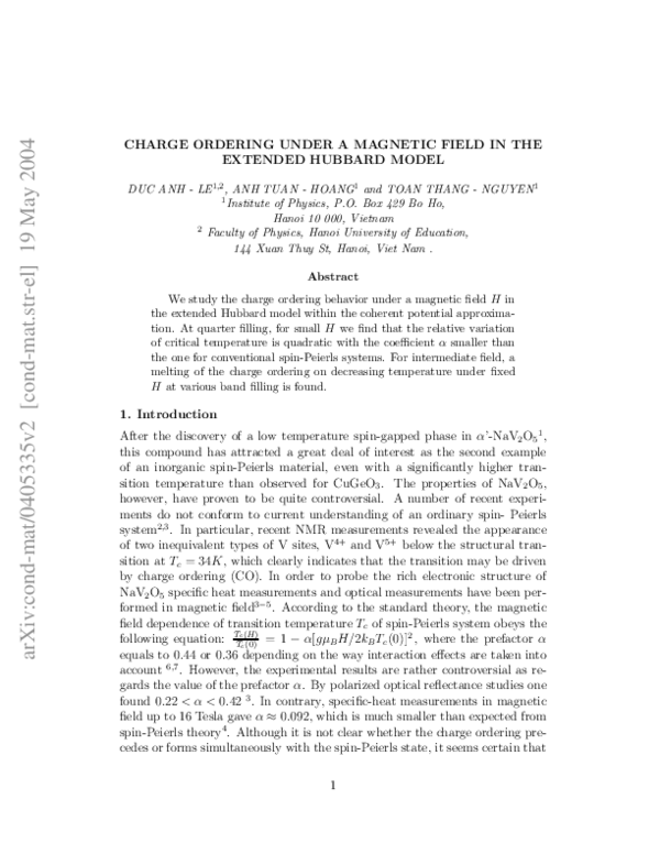 (PDF) Charge Ordering under a Magnetic Field in the Extended Hubbard Model