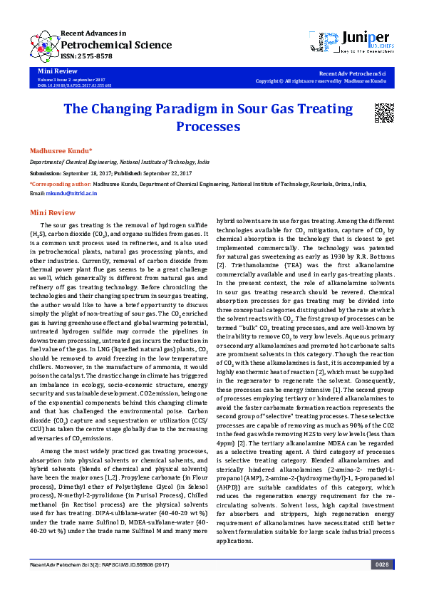(PDF) The Changing Paradigm in Sour Gas Treating Processes