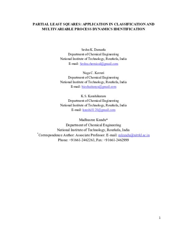 Pdf Partial Least Squares Application In Classification And Multivariable Process Dynamics