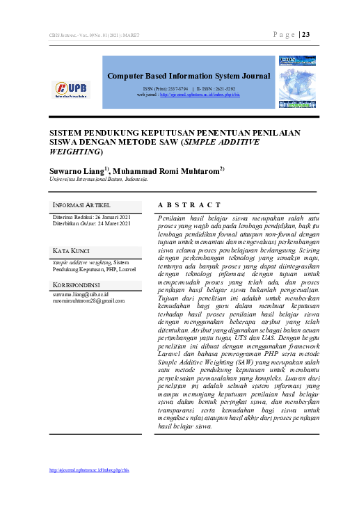 (PDF) Sistem Pendukung Keputusan Penentuan Penilaian Siswa Dengan Metode Saw (Simple Additive ...