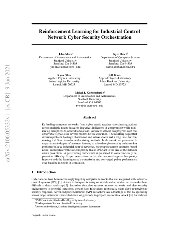 Pdf Reinforcement Learning For Industrial Control Network Cyber Security Orchestration