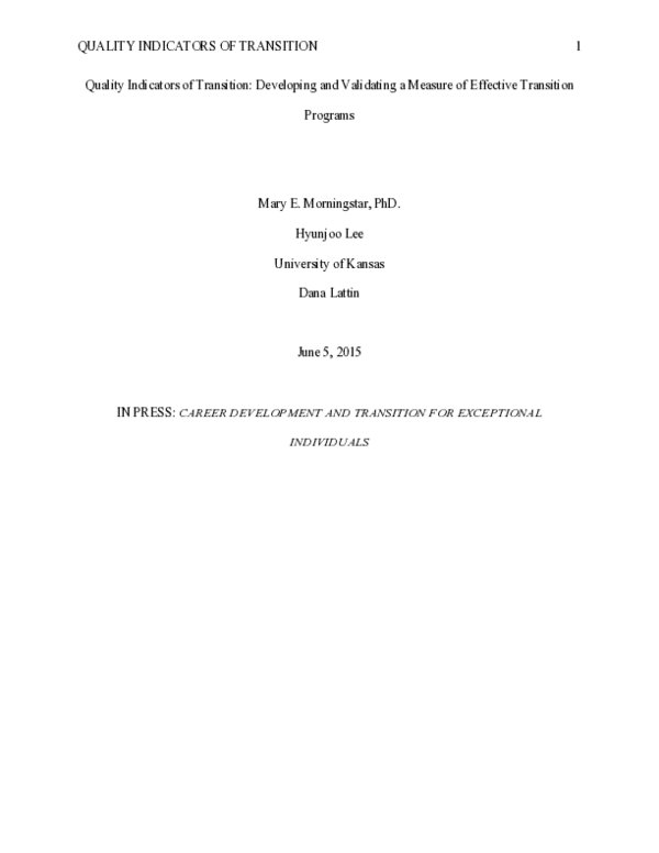 (PDF) Quality Indicators of Transition: Developing and Validating a Measure of Effective ...