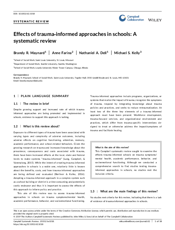 (PDF) Effects of trauma‐informed approaches in schools: A systematic review