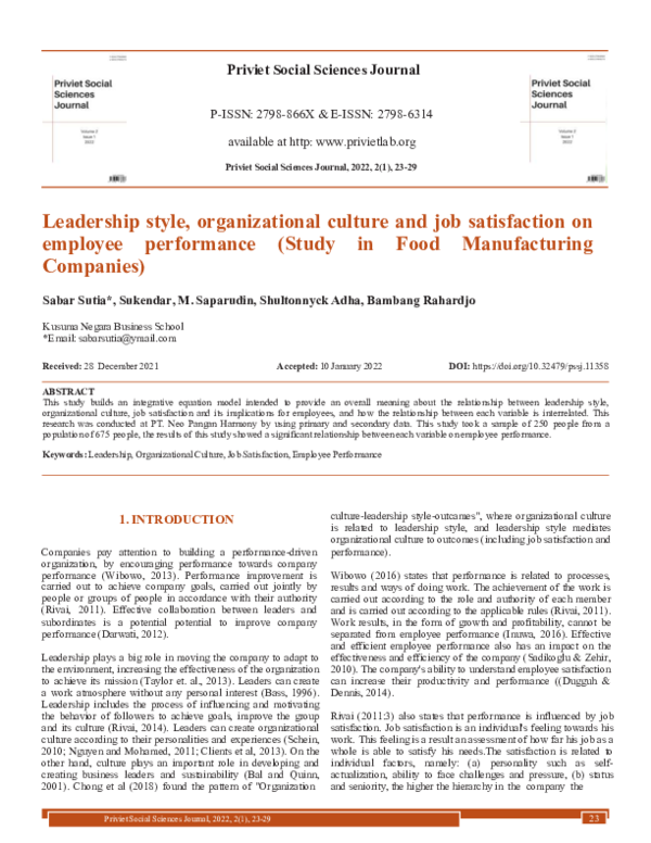 (PDF) Leadership style, organizational culture and job satisfaction on employee performance