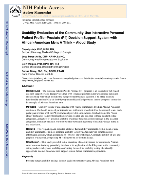 (PDF) Usability Evaluation of the Community Use Interactive Personal Patient Profile -Prostate ...