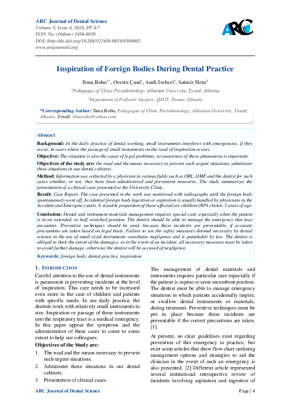 (PDF) Aspiration and Ingestion of Foreign Bodies in Dental Practice ...