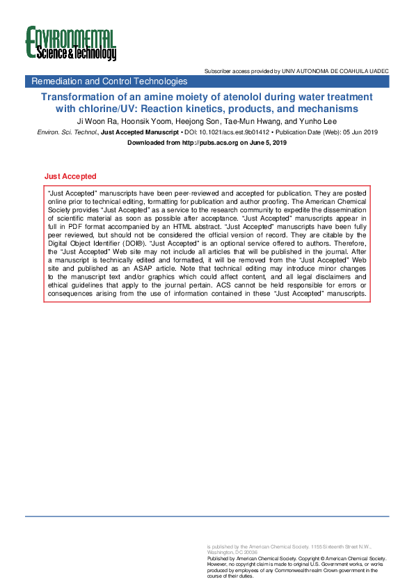 (PDF) Transformation of an Amine Moiety of Atenolol during Water ...