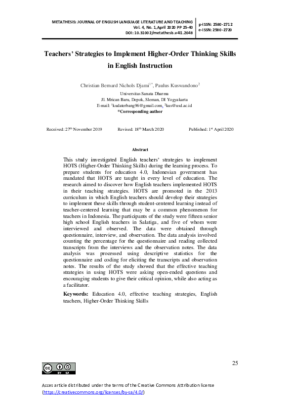 (PDF) Teachers’ Strategies to Implement Higher-Order Thinking Skills in English Instruction