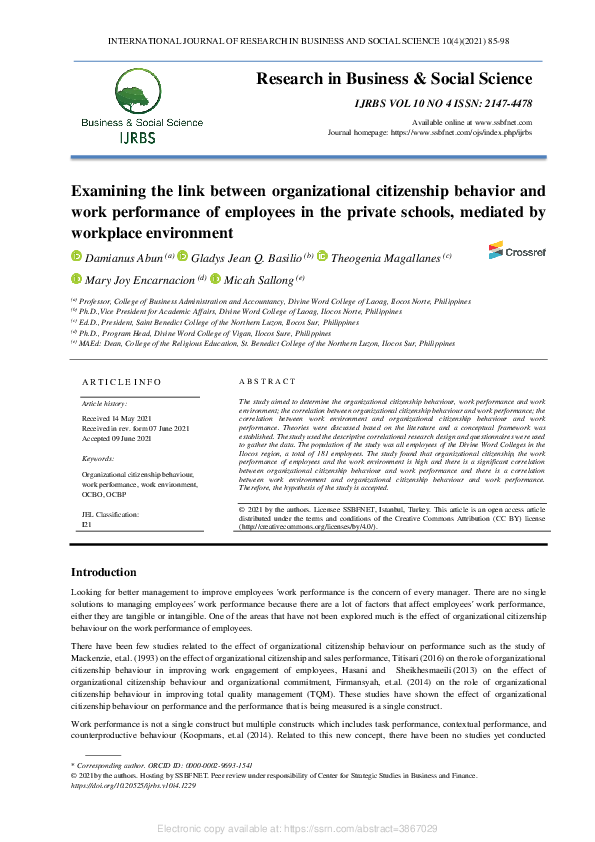 (PDF) Examining the Link Between Organizational Citizenship Behavior and Work Performance of ...