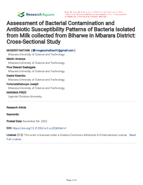 (PDF) Assessment of Bacterial Contamination and Antibiotic Susceptibility Patterns of Bacteria ...