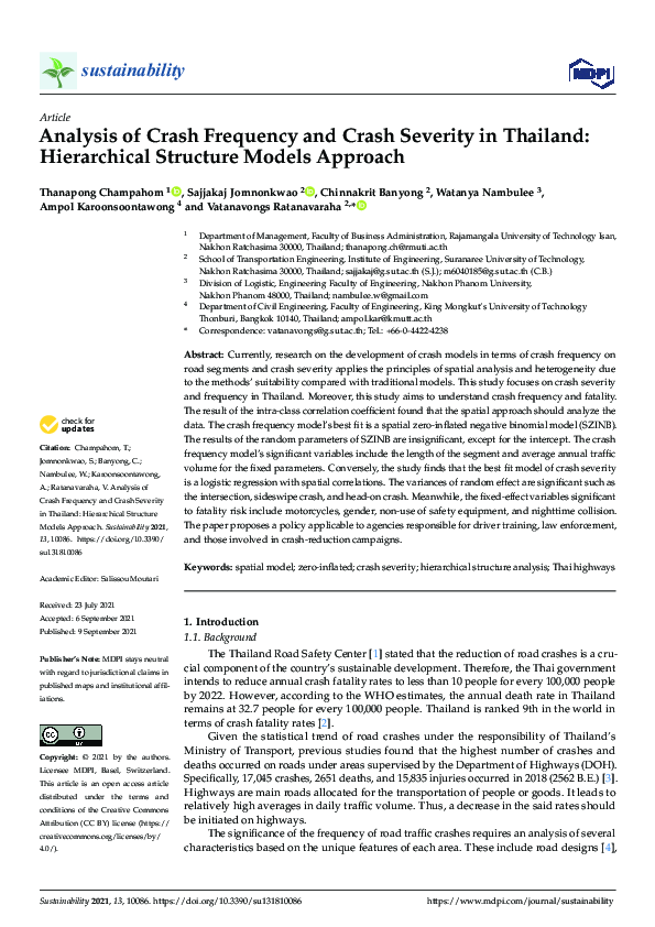 (PDF) Analysis of Crash Frequency and Crash Severity in Thailand: Hierarchical Structure Models ...