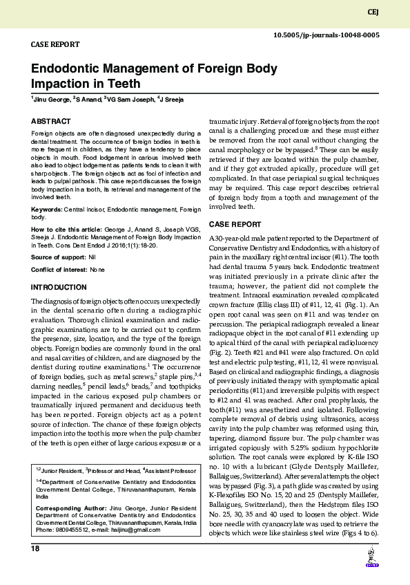 (PDF) Endodontic Management of Foreign Body Impaction in Teeth