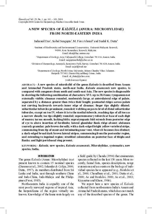 (PDF) A new species of kaloula (anura: microhylidae)from north-eastern ...