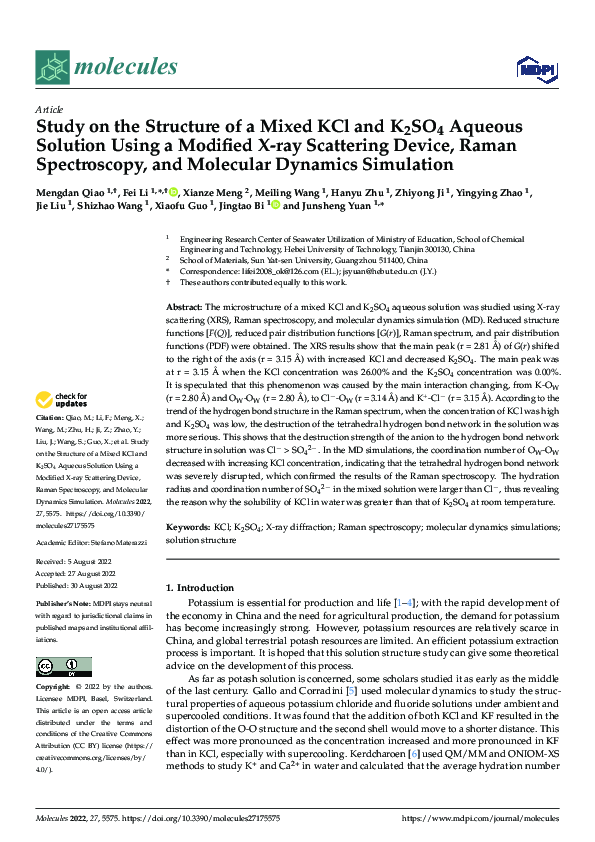 (PDF) Study on the Structure of a Mixed KCl and K2SO4 Aqueous Solution ...