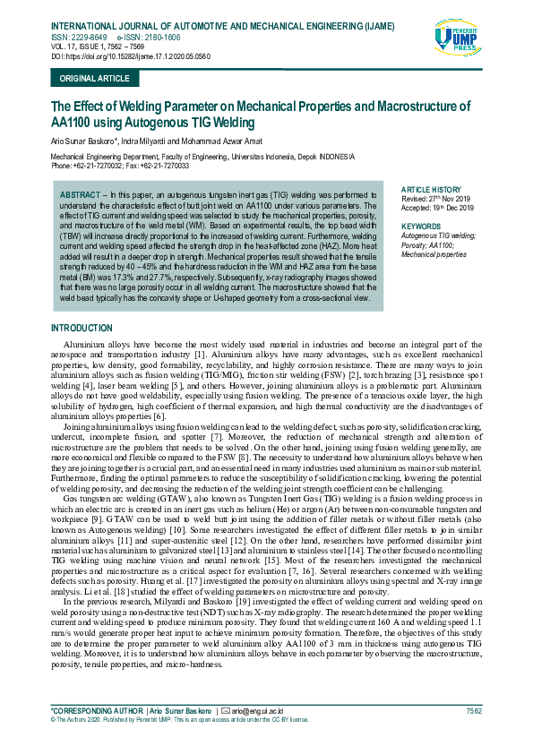 (PDF) The Effect of Welding Parameter on Mechanical Properties and Macrostructure of AA1100 ...