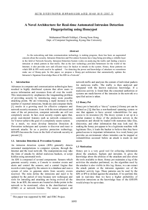 Pdf A Novel Architecture For Real Time Automated Intrusion Detection Fingerprinting Using