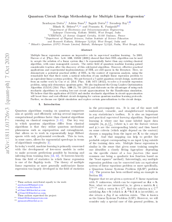 (PDF) O ct 2 02 0 Quantum Circuit Design Methodology for Multiple Linear Regression