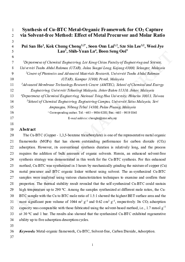 (PDF) Synthesis of Cu-BTC Metal-Organic Framework for CO2 Capture via Solvent-free Method ...