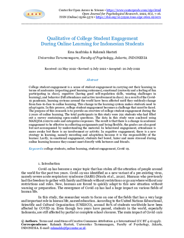 (PDF) Qualitative of College Student Engagement During Online Learning for Indonesian Students