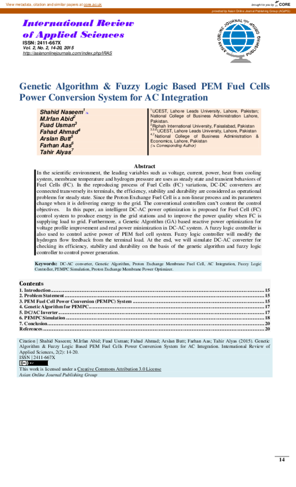 (PDF) Genetic Algorithm & Fuzzy Logic Based PEM Fuel Cells Power Conversion System for AC ...
