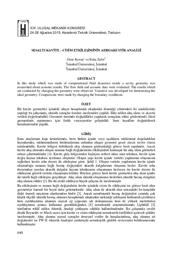 (PDF) Sesaltı Kavite-Cisim Etkileşiminin Aeroakustik Etkileşim