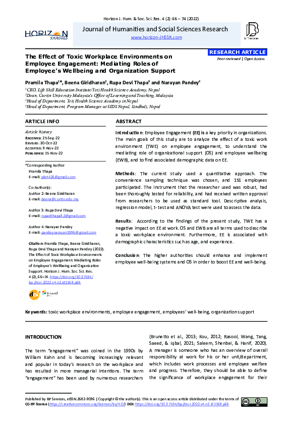 (PDF) The Effect of Toxic Workplace Environments on Employee Engagement ...