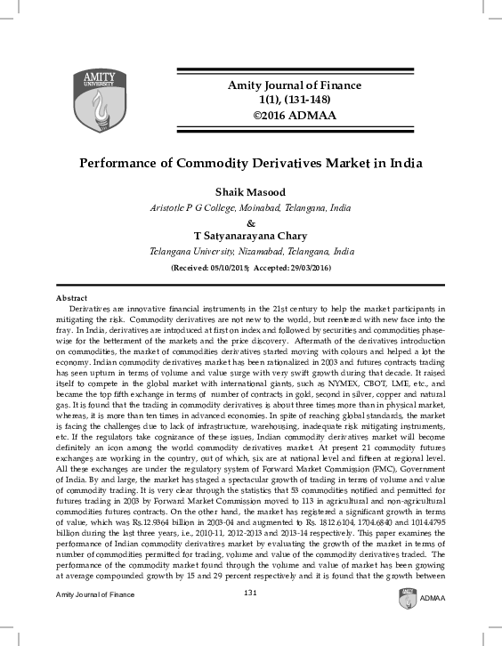 (PDF) Performance of Commodity Derivatives Market in India