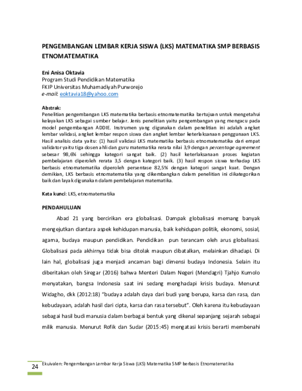 (PDF) Ekuivalen: Pengembangan Lembar Kerja Siswa (LKS) Matematika SMP berbasis Etnomatematika ...