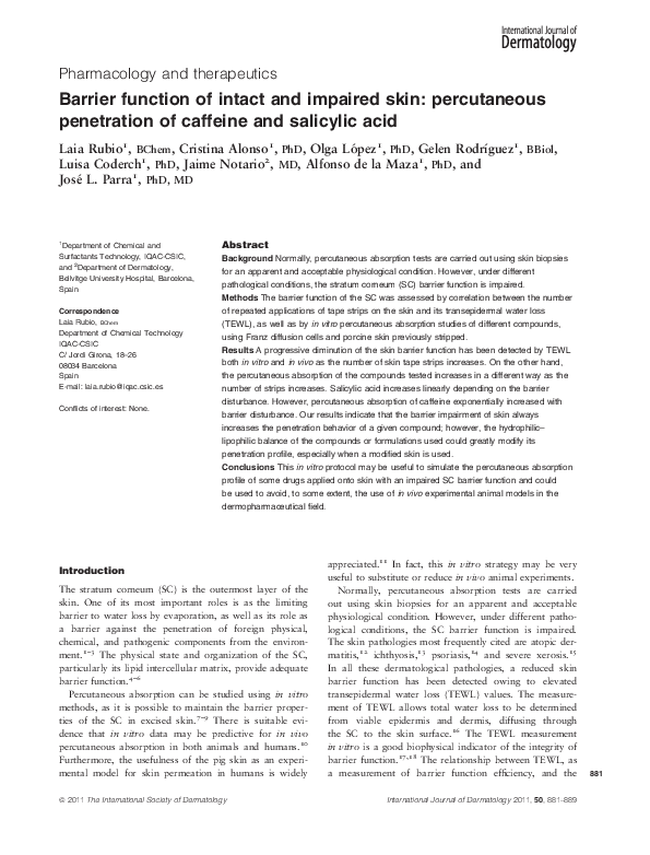 (PDF) Barrier function of intact and impaired skin: percutaneous penetration of caffeine and ...