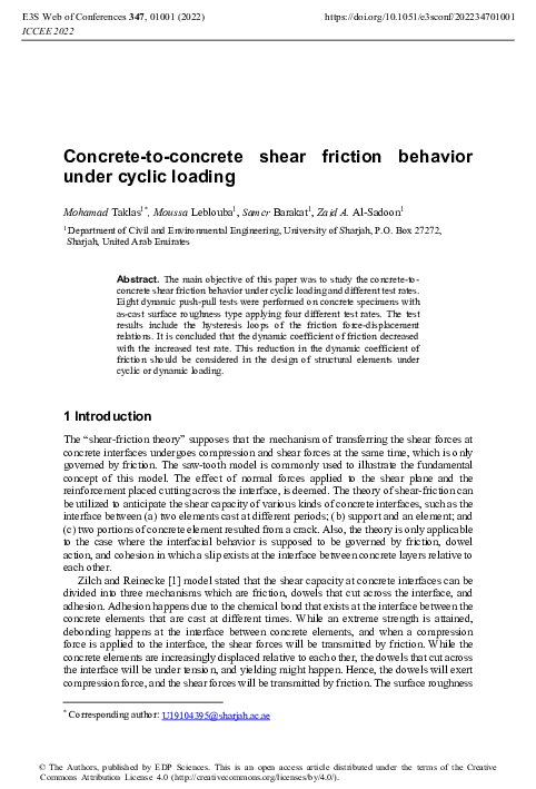 (PDF) Concrete-to-concrete shear friction behavior under cyclic loading