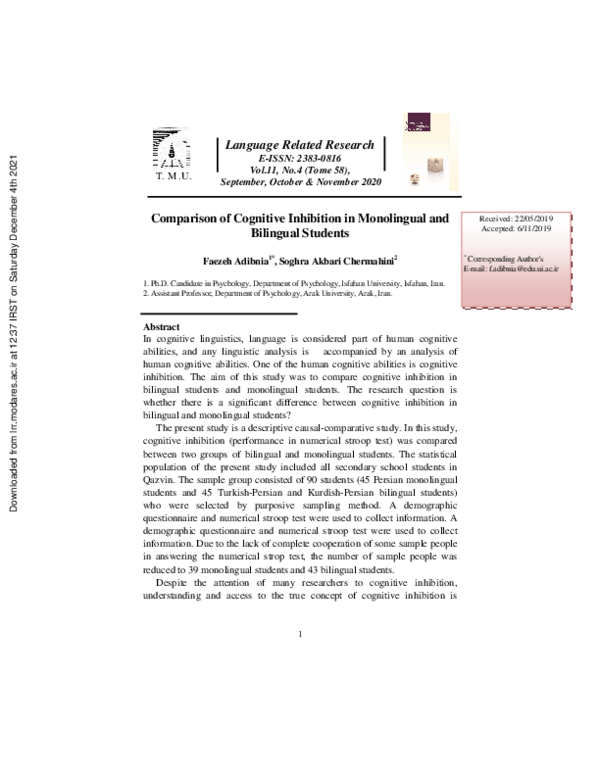 (PDF) Comparison of Cognitive Inhibition in Monolingual and Bilingual Students