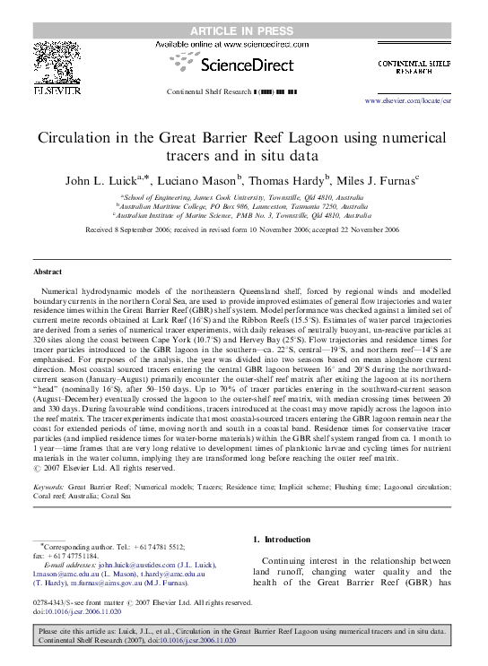 (PDF) Circulation in the Great Barrier Reef Lagoon using numerical ...