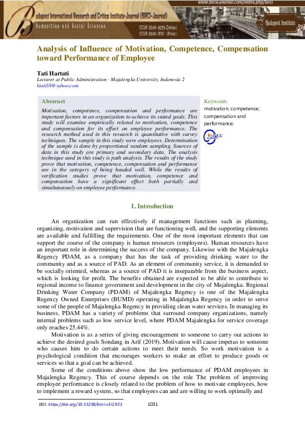 (PDF) Analysis of Influence of Motivation, Competence, Compensation toward Performance of Employee