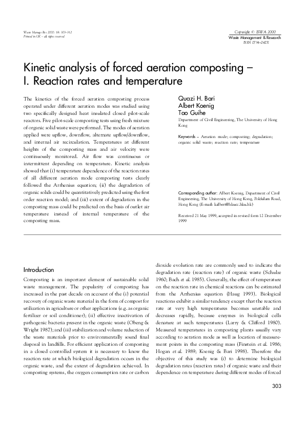 (PDF) Kinetic analysis of forced aeration composting -I. Reaction rates ...