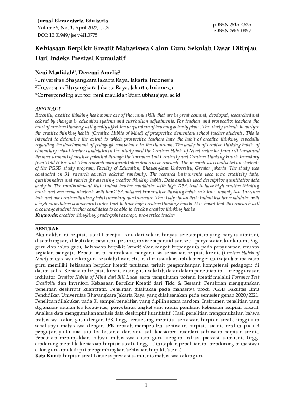 (PDF) Kebiasaan Berpikir Kreatif Mahasiswa Calon Guru Sekolah Dasar Ditinjau Dari Indeks ...