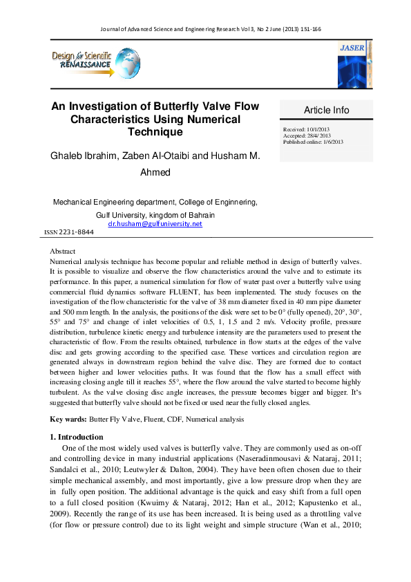 (PDF) An Investigation of Butterfly Valve Flow Characteristics Using Numerical Technique