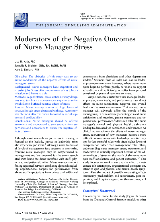 (PDF) Moderators of the Negative Outcomes of Nurse Manager Stress
