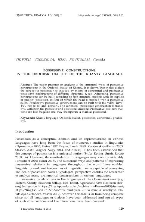 (PDF) Possessive Constructions in the Obdorsk Dialect of the Khanty ...