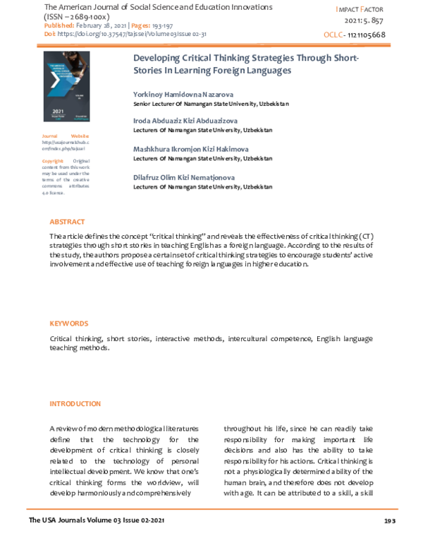 (PDF) Developing Critical Thinking Strategies Through Short-Stories In ...