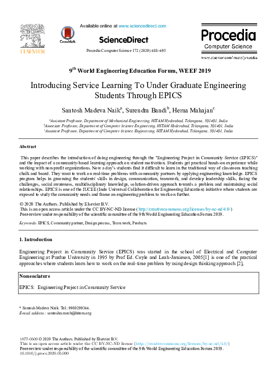 (PDF) Introducing Service Learning To Under Graduate Engineering ...