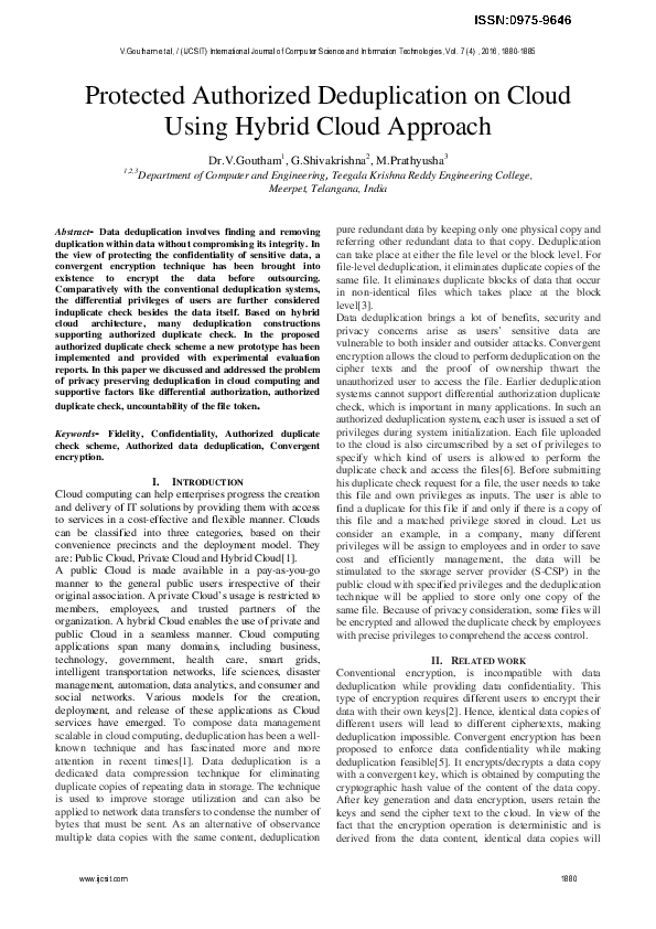 Pdf Protected Authorized Deduplication On Cloud Using Hybrid Cloud Approach