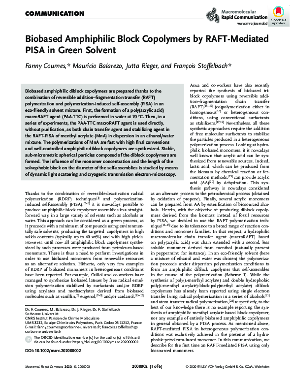(PDF) Biobased Amphiphilic Block Copolymers by RAFT‐Mediated PISA in Green Solvent