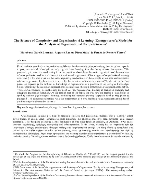 (PDF) The Science of Complexity and Organizational Learning: Emergence of a Model for the ...