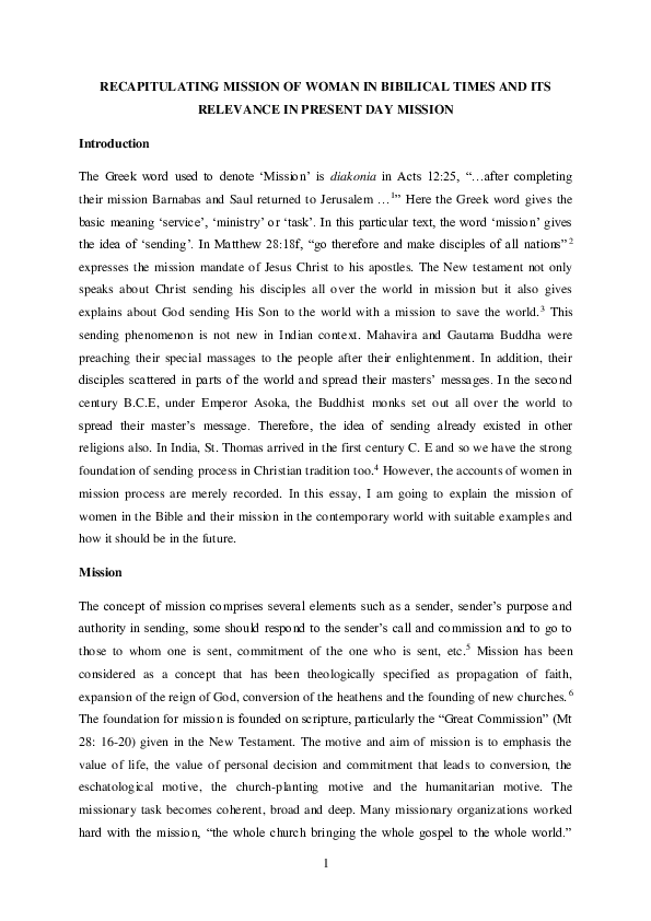 (PDF) RECAPITULATING MISSION OF WOMAN IN BIBILICAL TIMES AND ITS ...