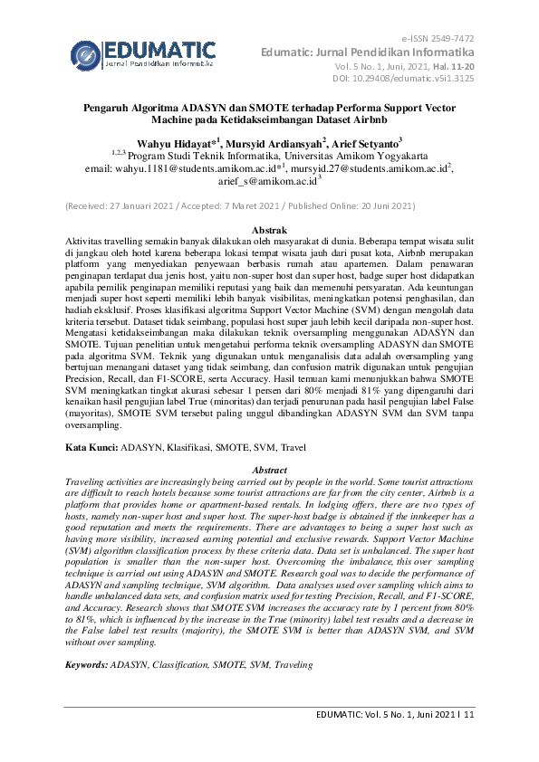 (PDF) Pengaruh Algoritma ADASYN dan SMOTE terhadap Performa Support ...
