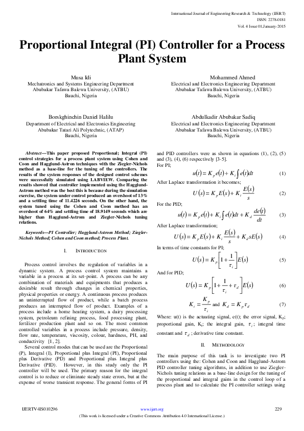 (PDF) Proportional Integral (PI) Controller for a Process Plant System