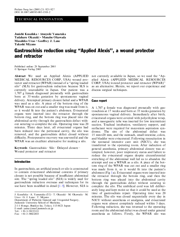 (PDF) Gastroschisis reduction using “Applied Alexis”, a wound protector ...