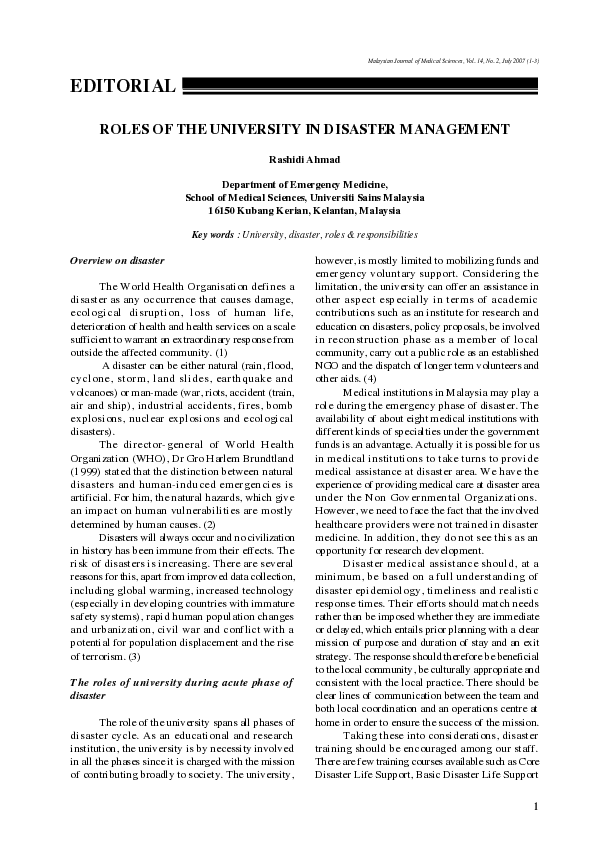(PDF) Roles of the university in disaster management